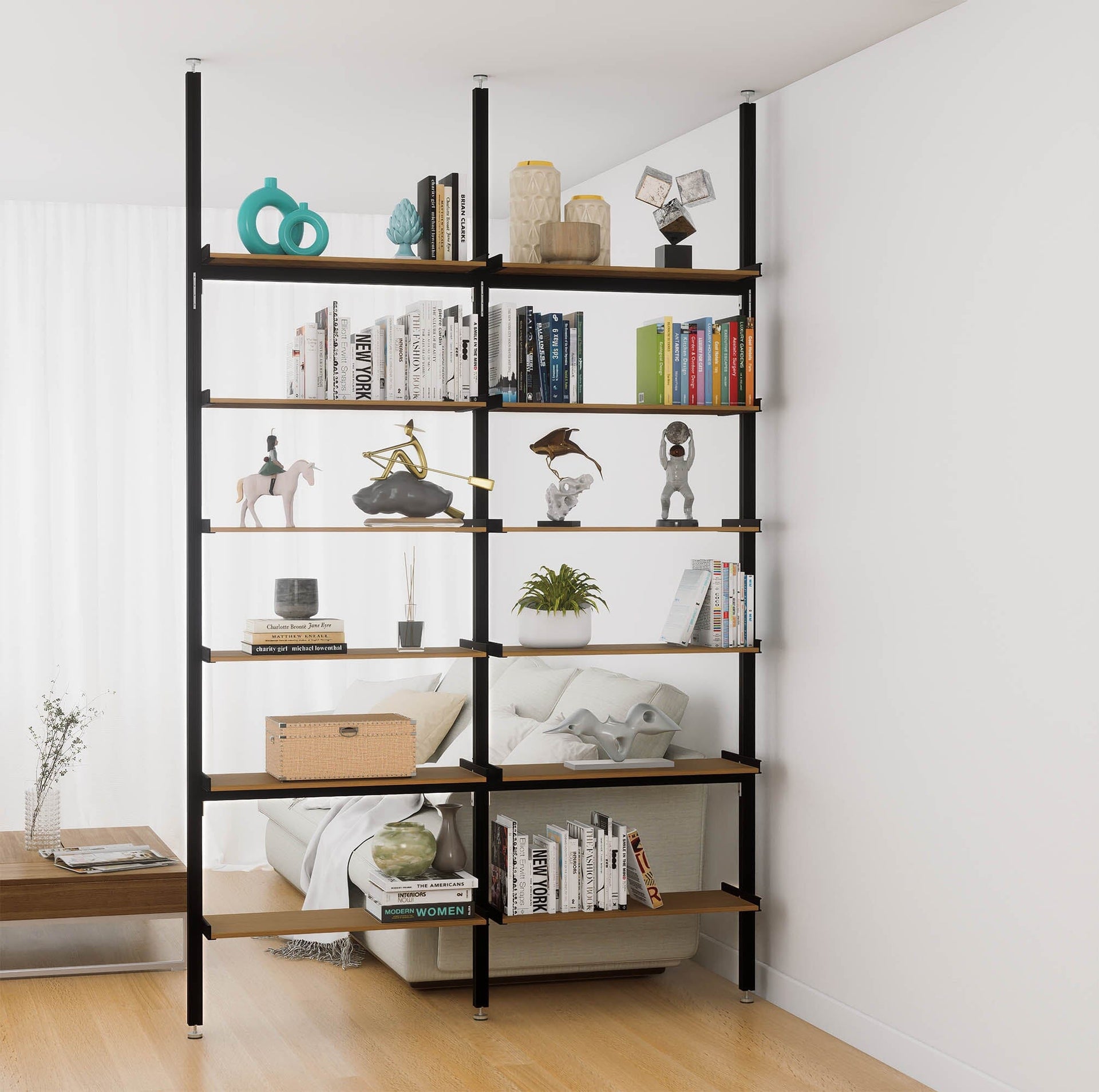 Aluminaire Wood Inspired Floor to Ceiling Shelving – Modern Shelving