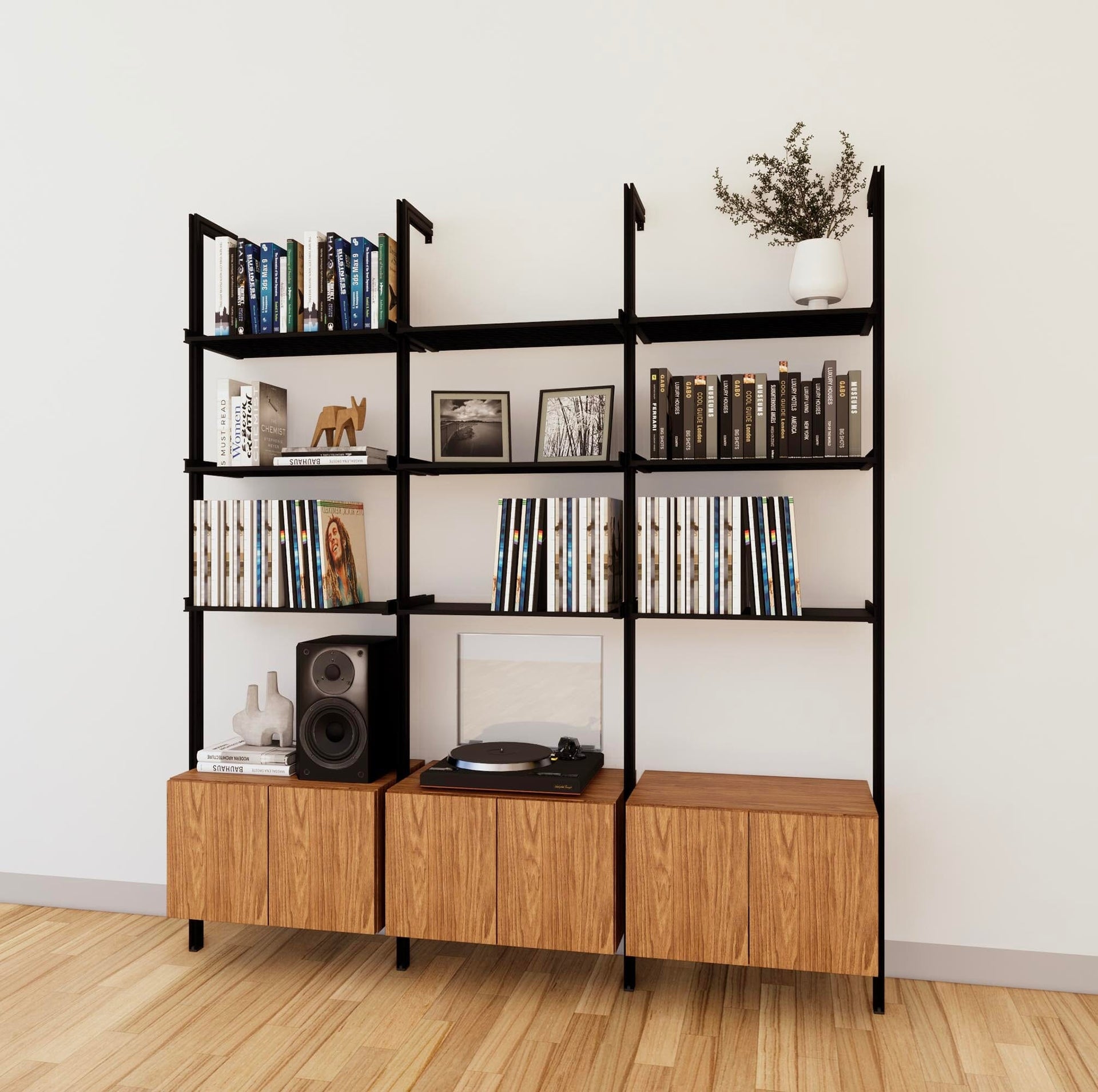LP Vinyl Media Storage System - Aluminum + Wood Cabinets – Modern Shelving