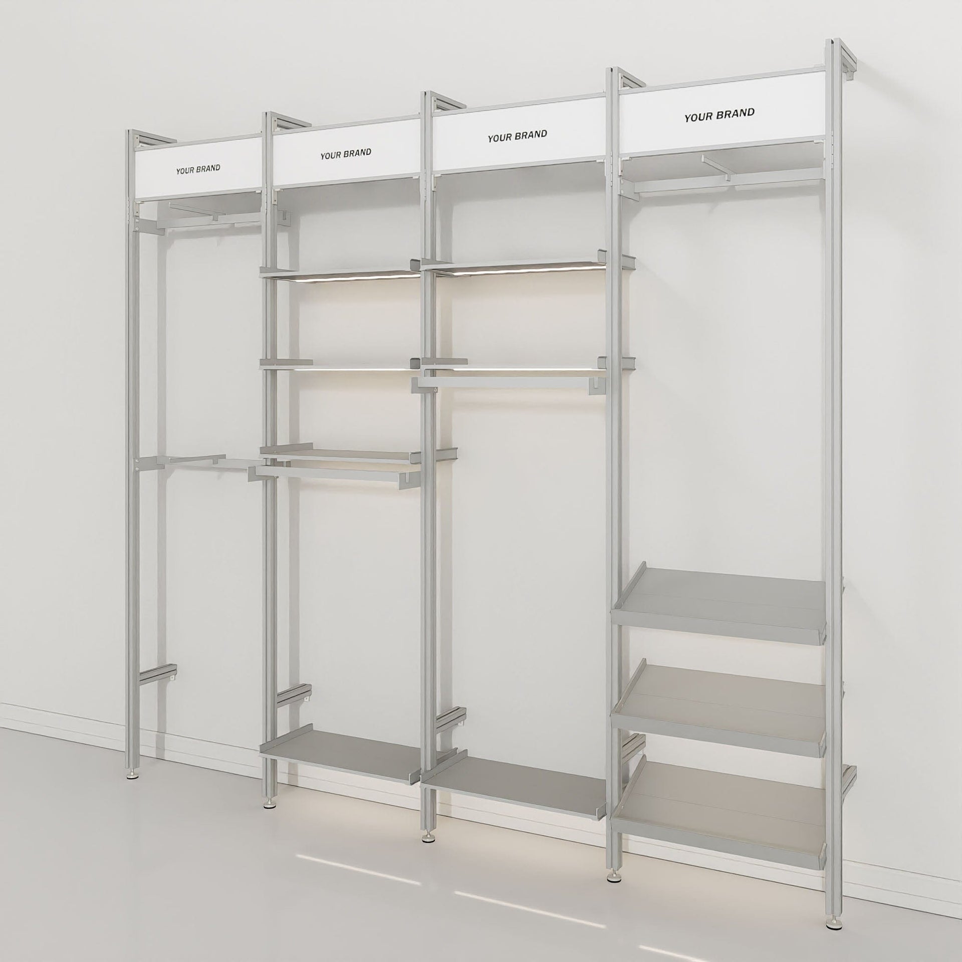 Retail Display Shelving with Signage + 4 Bays and Multiple Shelving Op ...