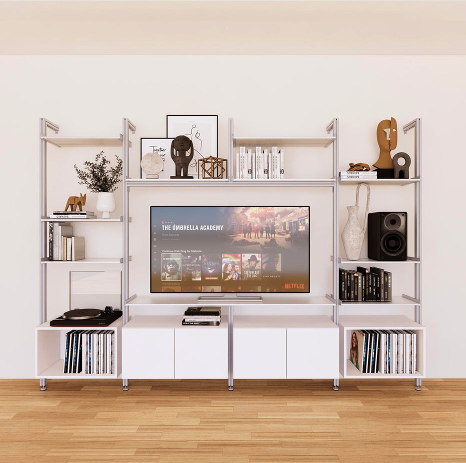 Harmony 4 Bay Media Unit - Aluminum + Wood Shelves – Modern Shelving