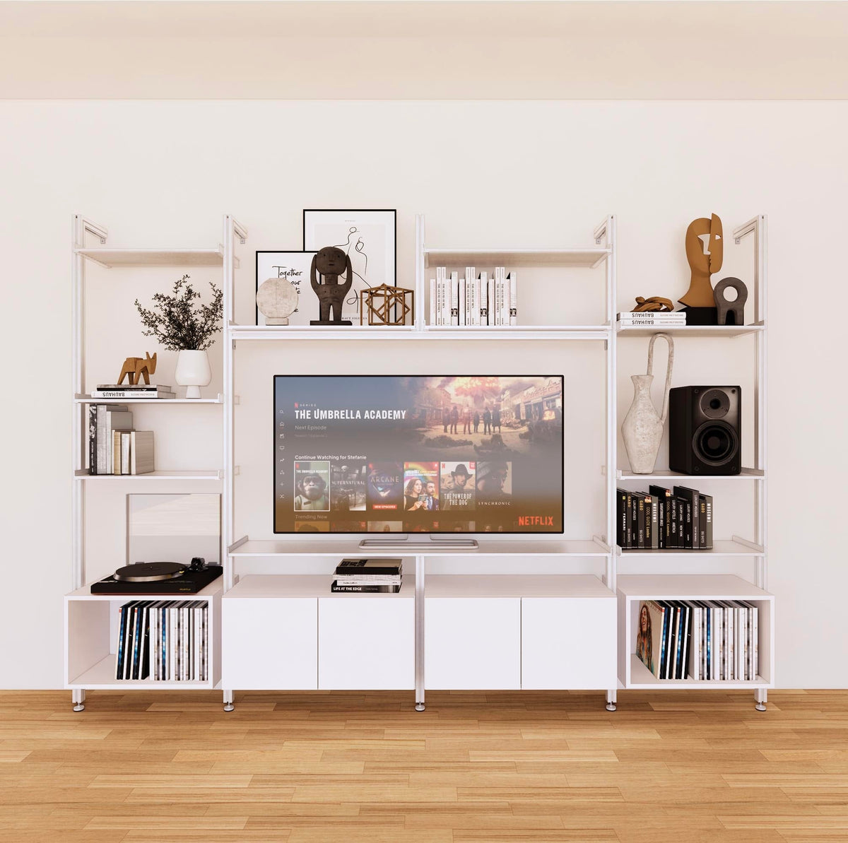 Harmony 4 Bay Media Unit - Aluminum + Wood Shelves – Modern Shelving