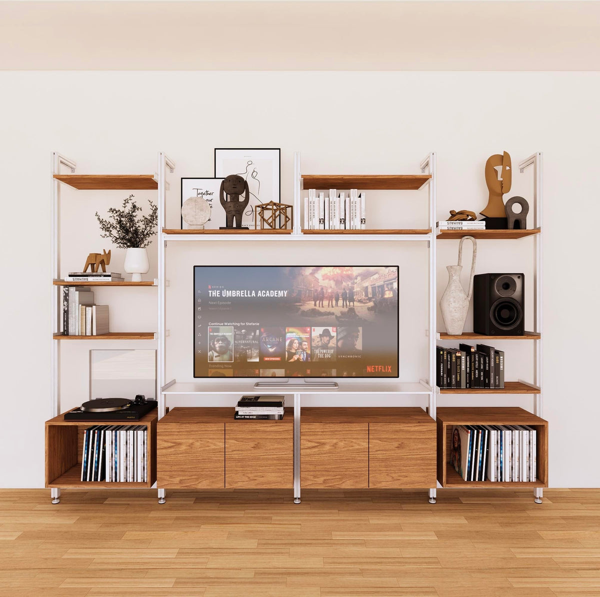 Harmony 4 Bay Media Unit - Aluminum + Wood Shelves and Cabinets ...