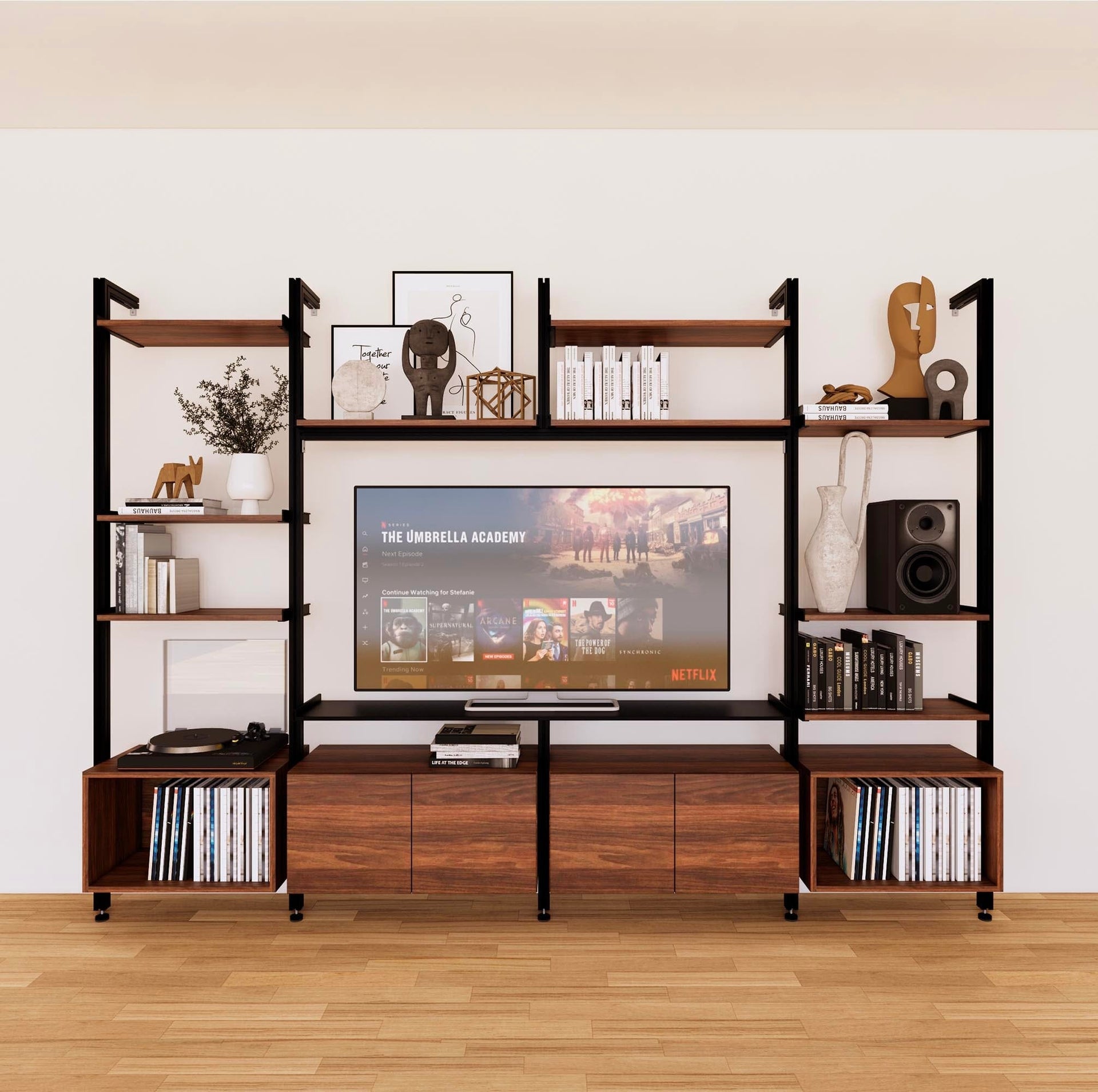 Harmony 4 Bay Media Unit - Aluminum + Wood Shelves and Cabinets ...