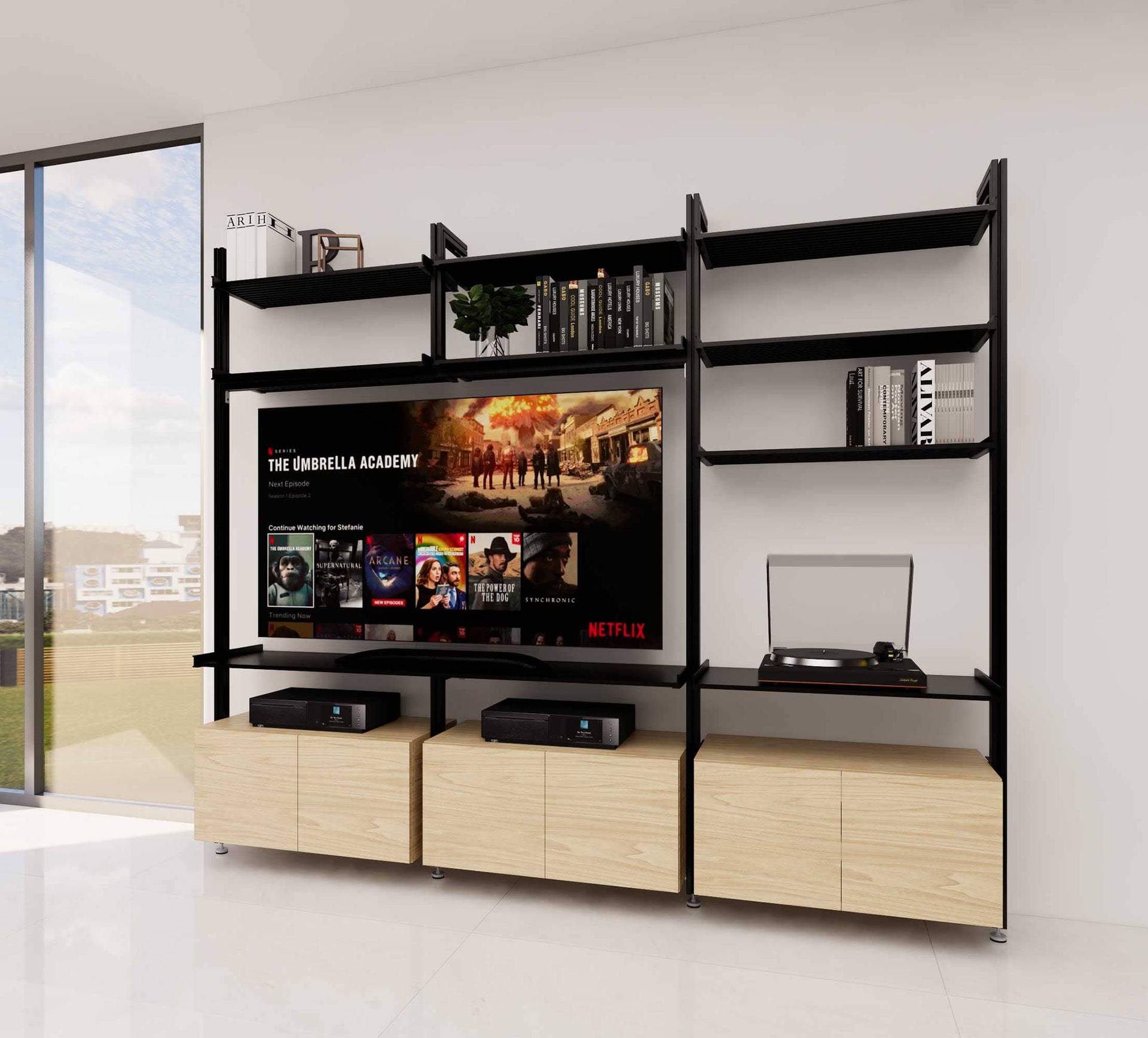3 Bay Media Center – Modern Shelving