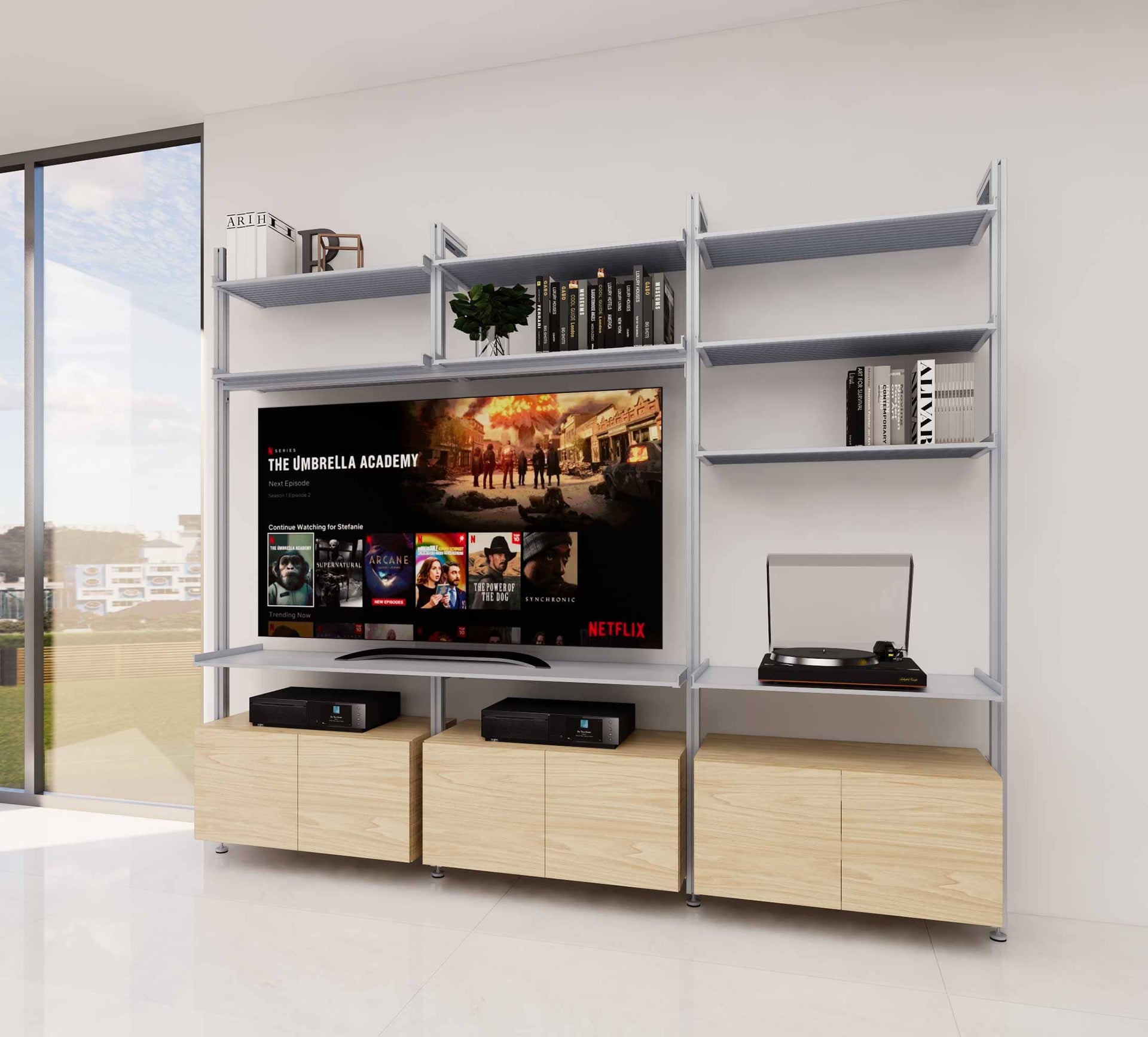 3 Bay Media Center – Modern Shelving