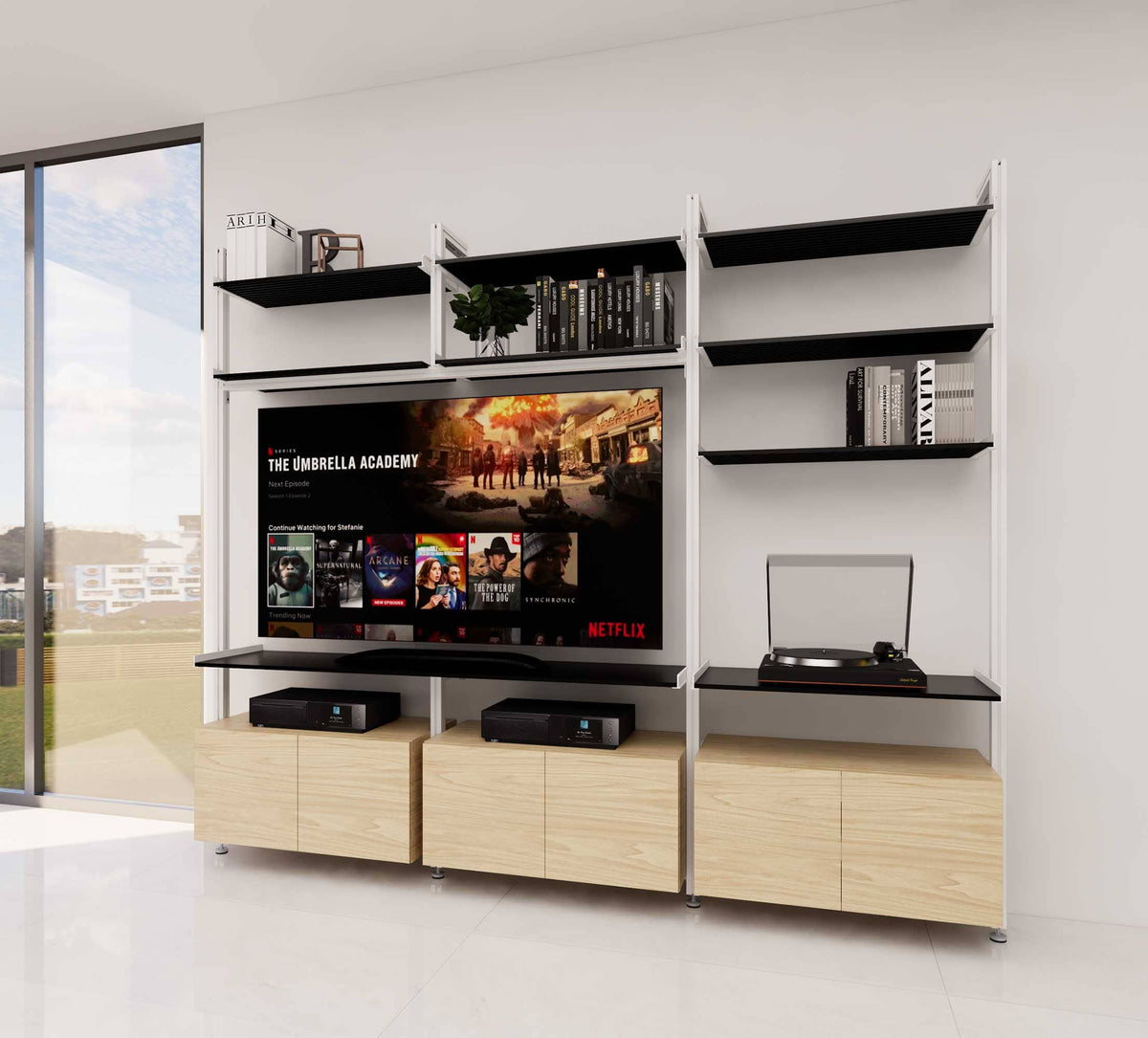 3 Bay Media Center – Modern Shelving