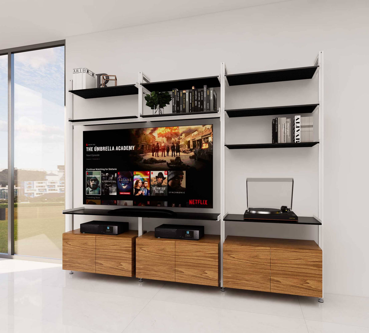 3 Bay Media Center – Modern Shelving